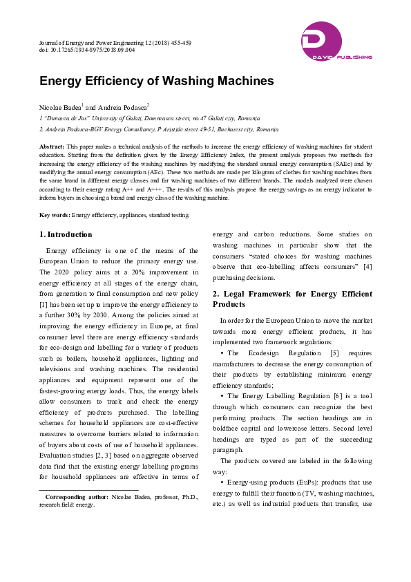 (PDF) Energy Efficiency of Washing Machines