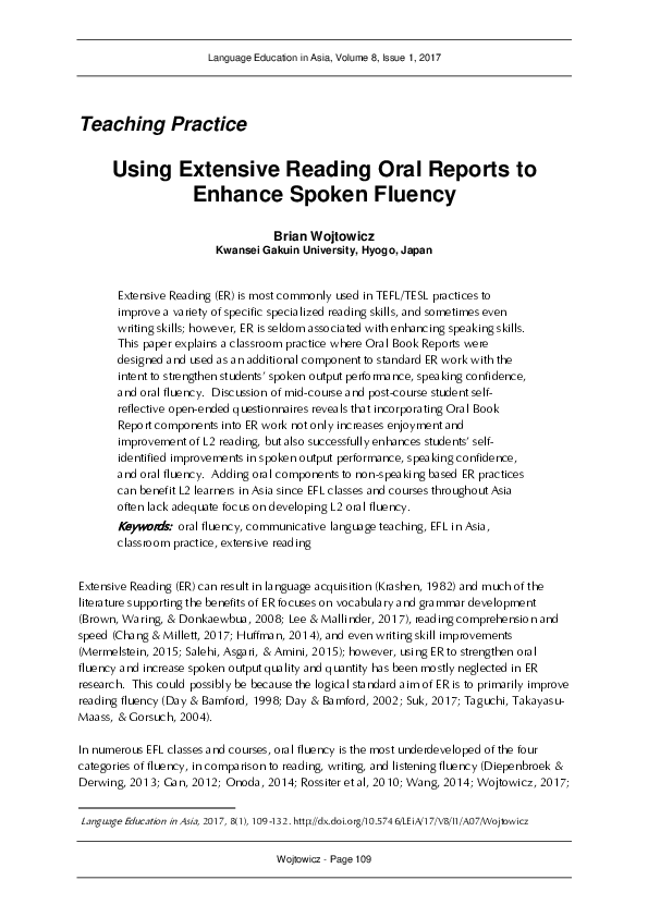 (PDF) Using Extensive Reading Oral Reports to Enhance Spoken Fluency