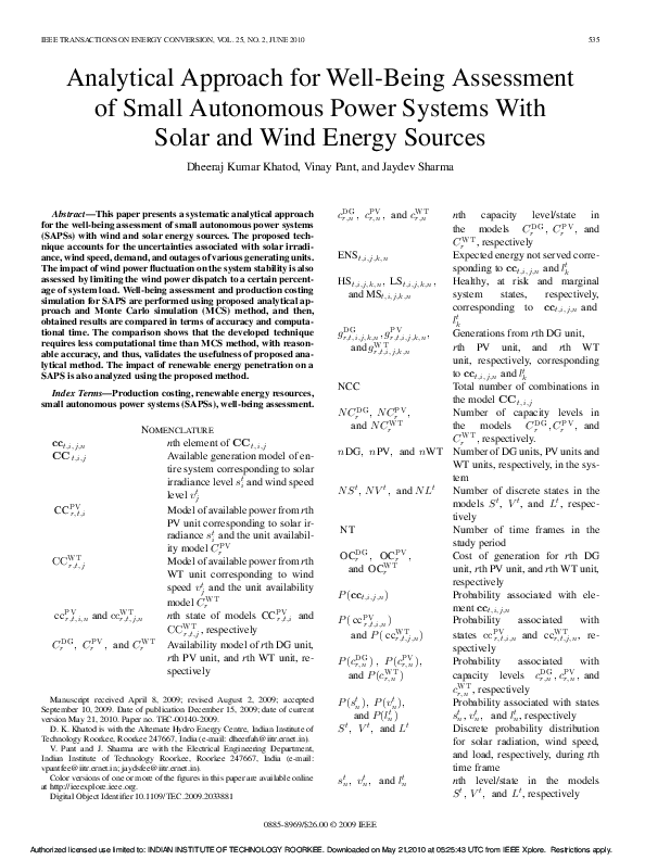 (PDF) Analytical Approach for Well-Being Assessment of Small Autonomous Power Systems With Solar ...
