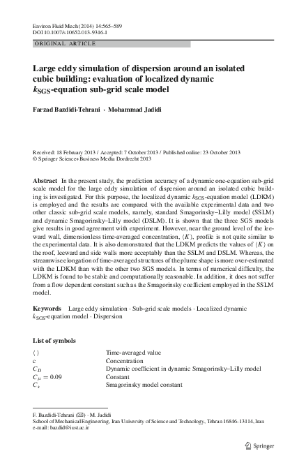 (PDF) Large eddy simulation of dispersion around an isolated cubic building: evaluation of ...