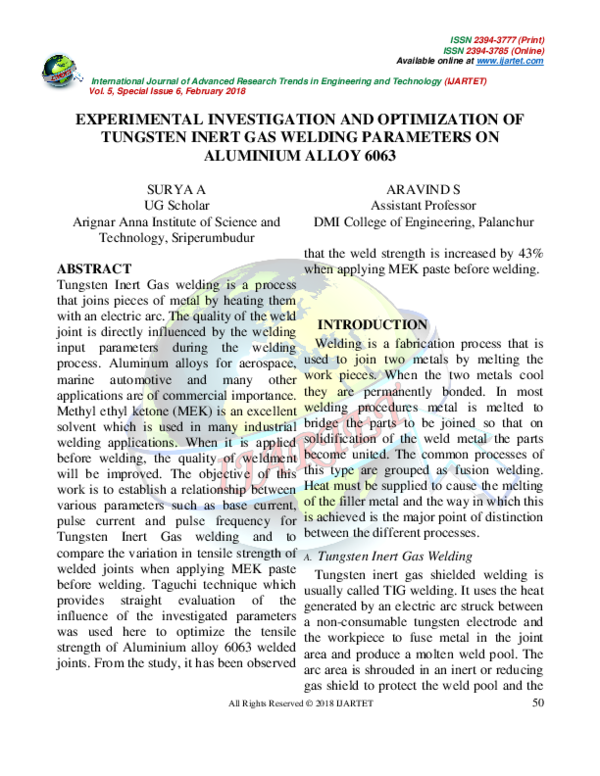 (PDF) EXPERIMENTAL INVESTIGATION AND OPTIMIZATION OF TUNGSTEN INERT GAS WELDING PARAMETERS ON ...