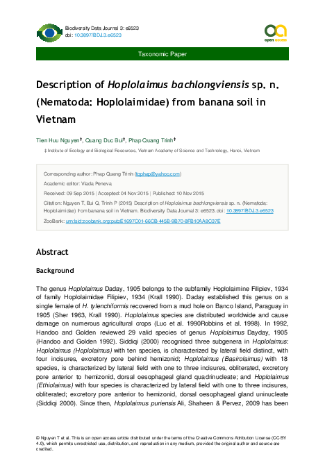 (PDF) Description of Hoplolaimus bachlongviensis sp. n. (Nematoda ...