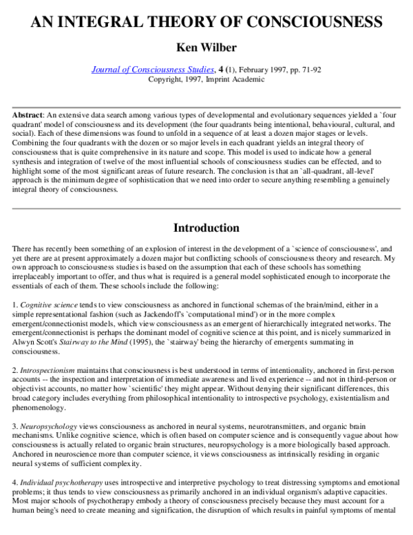 (PDF) AN INTEGRAL THEORY OF CONSCIOUSNESS
