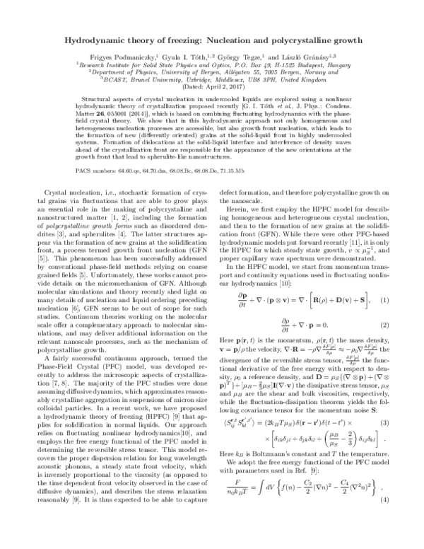 (PDF) Hydrodynamic theory of freezing: Nucleation and polycrystalline growth
