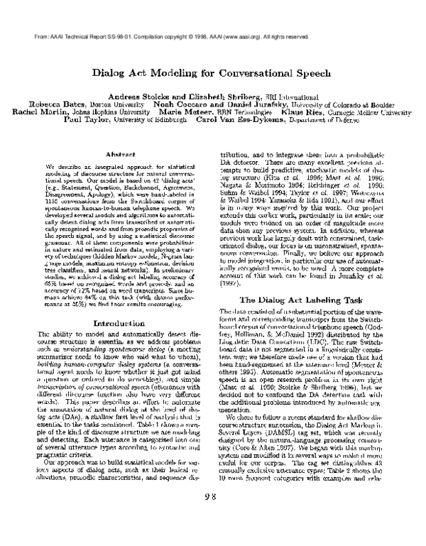 Pdf Dialog Act Modeling For Conversational Speech