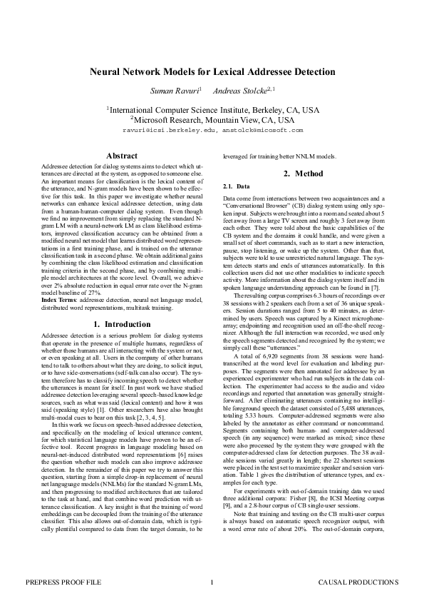 Pdf Neural Network Models For Lexical Addressee Detection