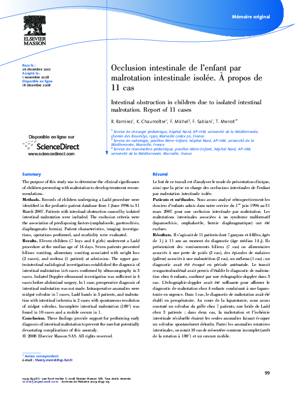 (PDF) Occlusion intestinale de l’enfant par malrotation intestinale ...