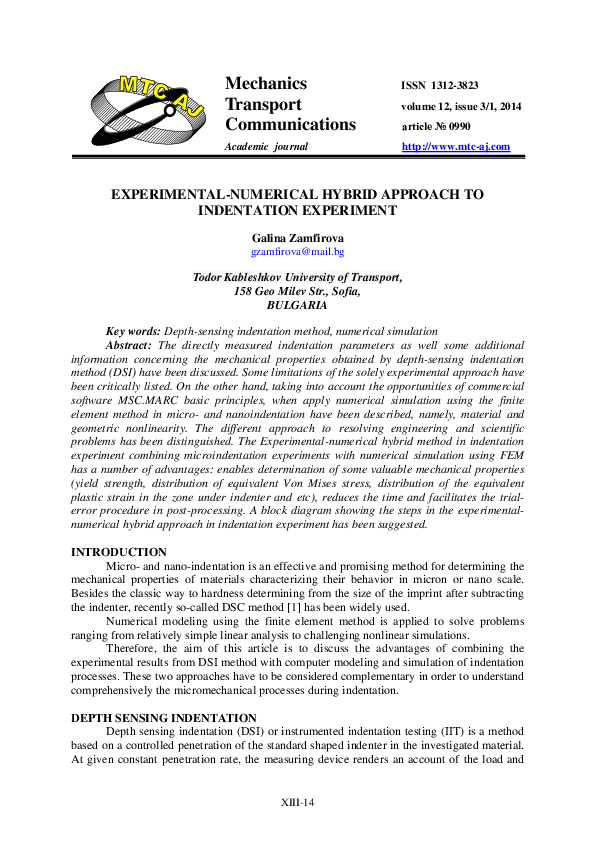 (PDF) Experimental-Numerical Hybrid Approach to Indentation Experiment