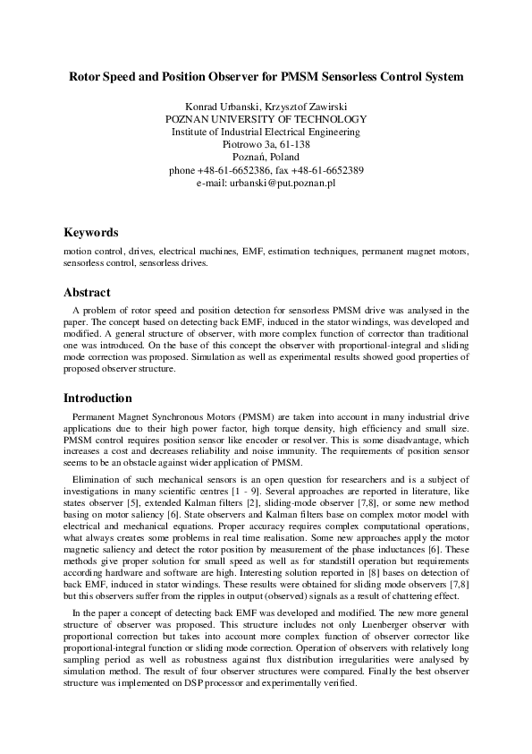 (PDF) Rotor Speed and Position Observer for PMSM Sensorless Control System