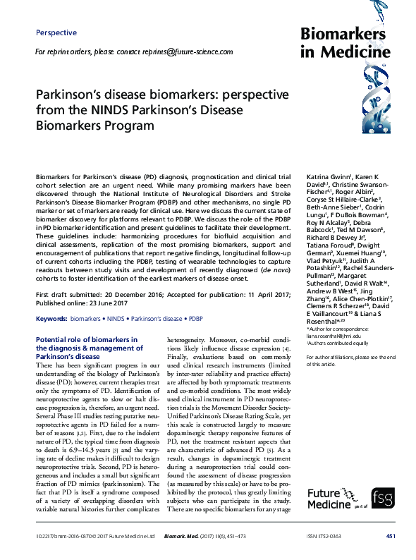 (PDF) Parkinson's disease biomarkers: perspective from the NINDS ...