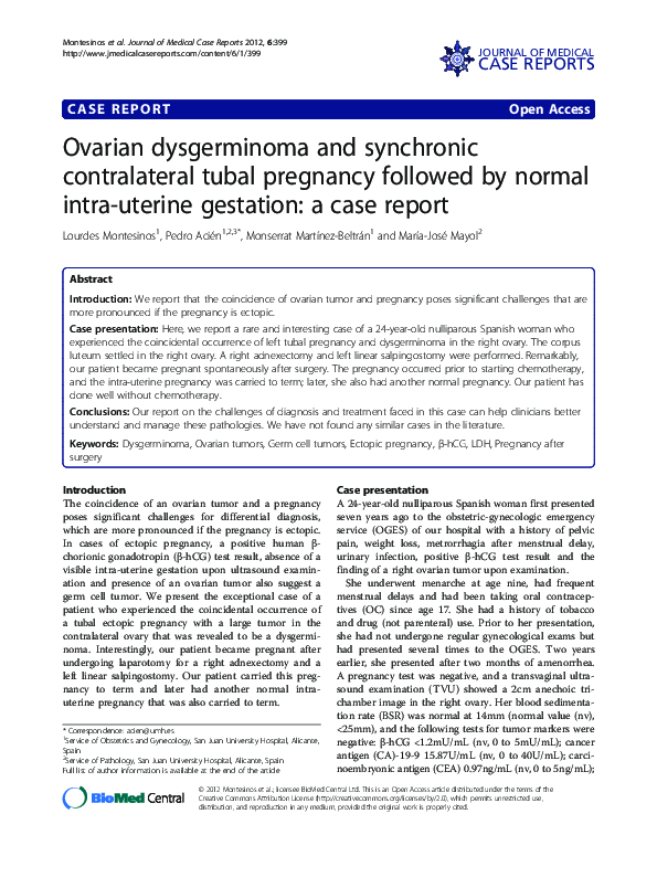 (PDF) Ovarian dysgerminoma and synchronic contralateral tubal pregnancy followed by normal intra ...