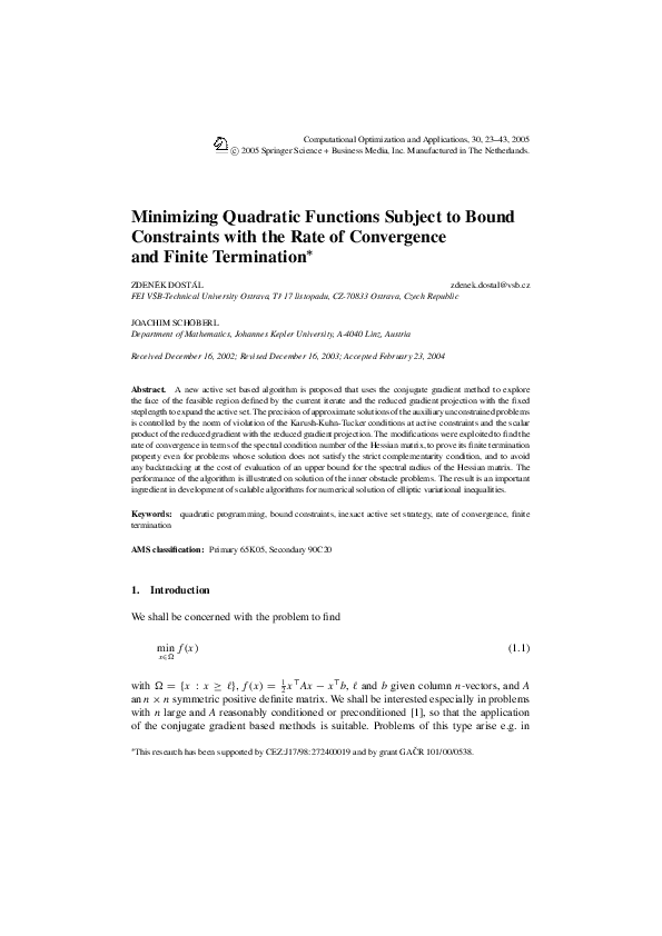 (PDF) Minimizing Quadratic Functions Subject to Bound Constraints with the Rate of Convergence ...