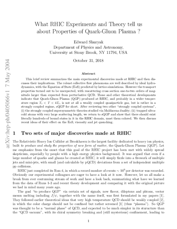 (PDF) What RHIC experiments and theory tell us about properties of ...