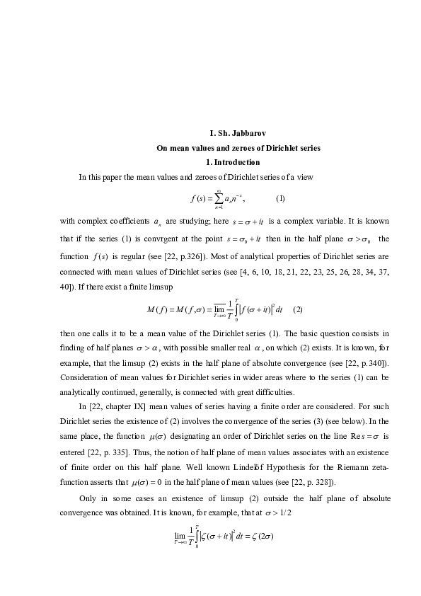 (PDF) On mean values and zeroes of Dirichlet series