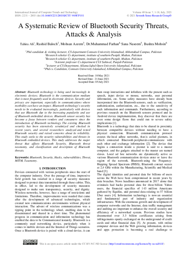 (PDF) A Systematic Review of Bluetooth Security Threats, Attacks & Analysis
