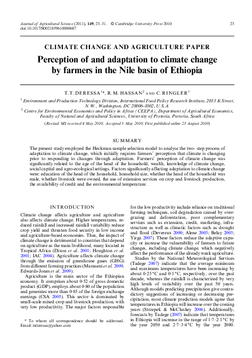 (PDF) Perception of and adaptation to climate change by farmers in the Nile basin of Ethiopia