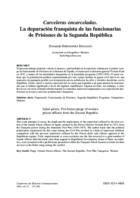 (PDF) Carceleras encarceladas. La depuración franquista de las funcionarias de Prisiones de la ...