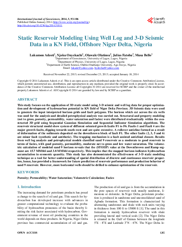 (PDF) Static Reservoir Modeling Using Well Log and 3-D Seismic Data in a KN Field, Offshore ...