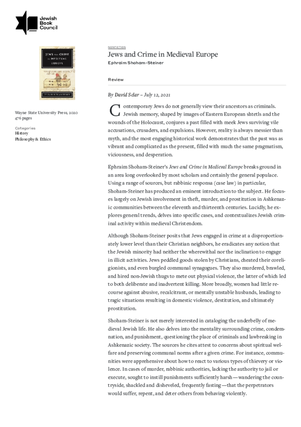 (PDF) David Sclar, Review of "Ephraim Shoham-Steiner, 'Jews and Crime ...