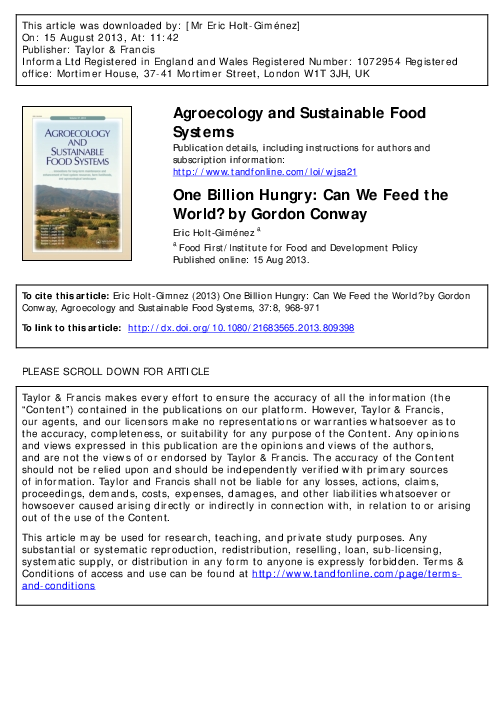 (PDF) One Billion Hungry: Can We Feed the World? by Gordon Conway