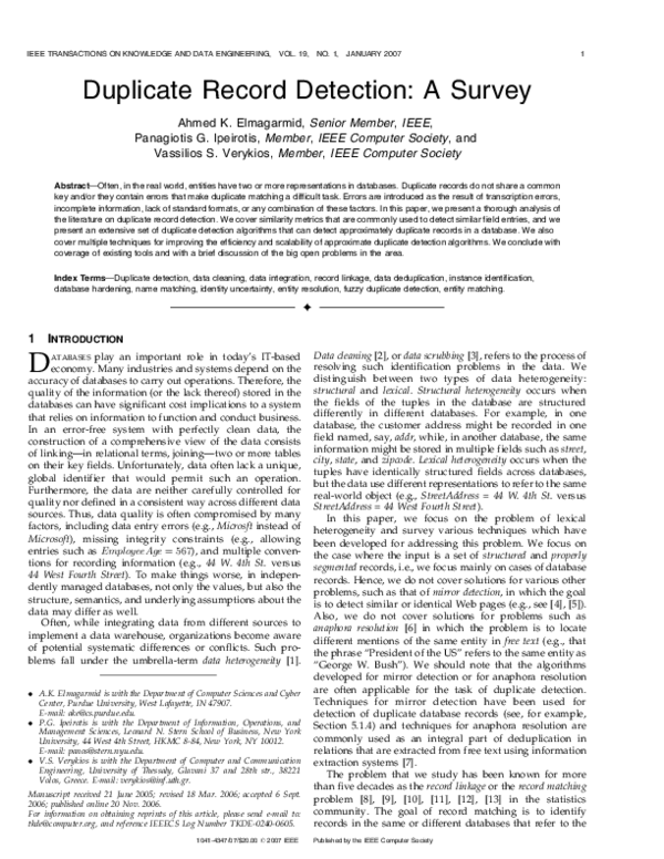 Pdf Duplicate Record Detection A Survey