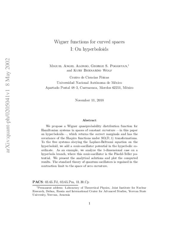 (PDF) Wigner functions for curved spaces. I. On hyperboloids
