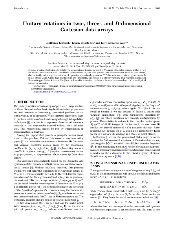 (PDF) Unitary rotations in two-, three-, and D-dimensional Cartesian ...