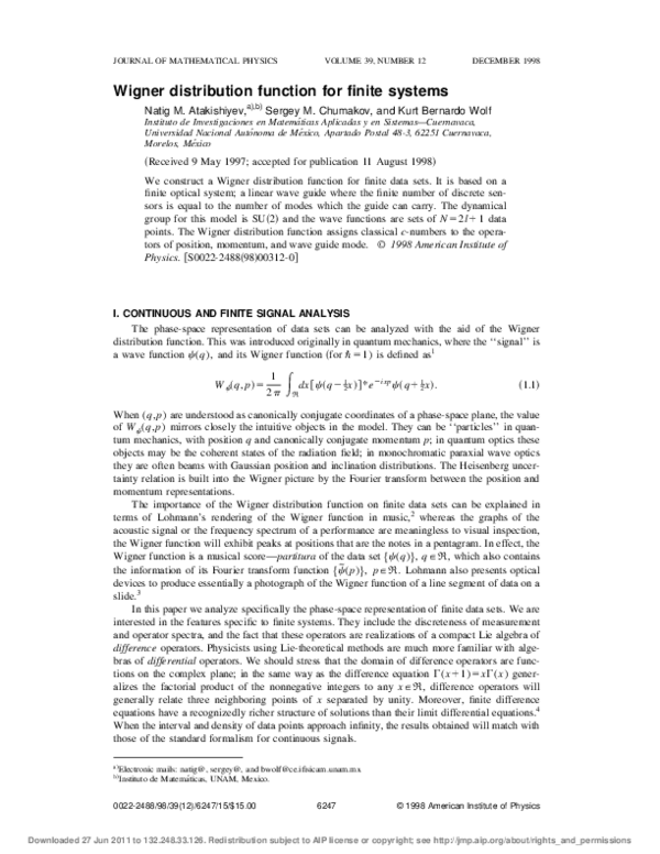 Pdf Wigner Distribution Function For Finite Systems Kurt Bernardo