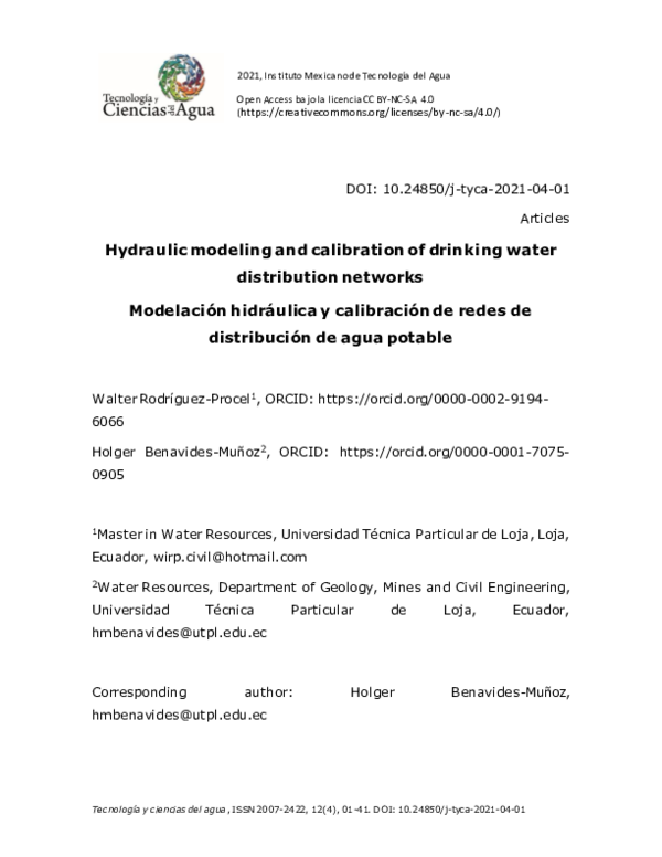 (PDF) Hydraulic modeling and calibration of drinking water distribution networks Modelación ...