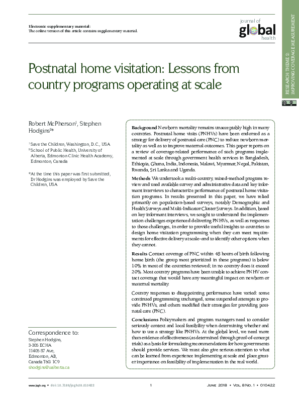 (PDF) Postnatal home visitation: Lessons from country programs ...