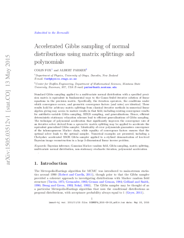 Pdf Accelerated Gibbs Sampling Of Normal Distributions Using Matrix Splittings And Polynomials