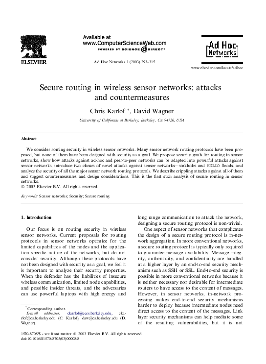 Pdf Secure Routing In Wireless Sensor Networks Attacks And Countermeasures