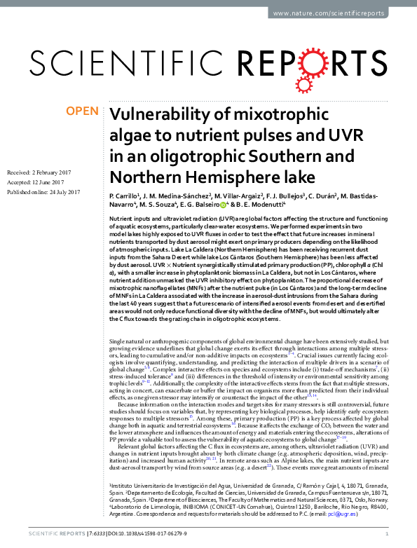 (PDF) Vulnerability of mixotrophic algae to nutrient pulses and UVR in ...