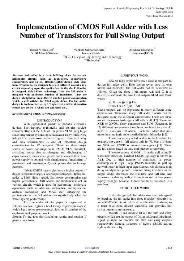 (PDF) Implementation of CMOS Full Adder with Less Number of Transistors ...