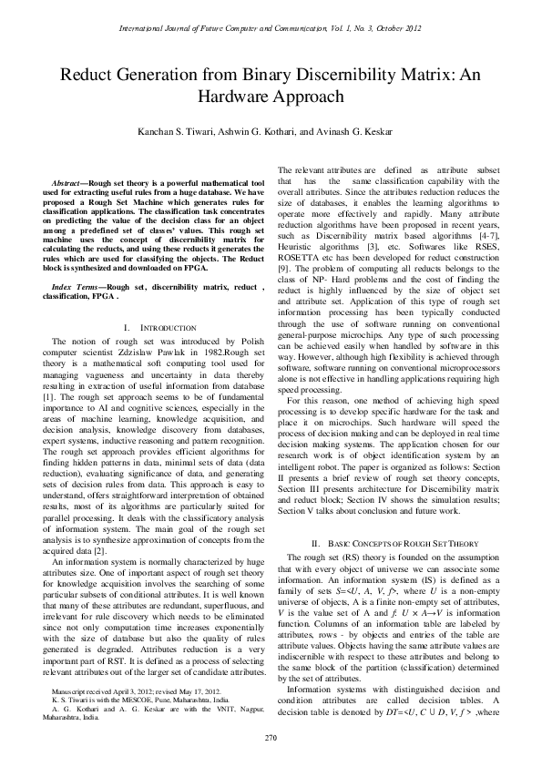 (PDF) Reduct Generation from Binary Discernibility Matrix: An Hardware Approach