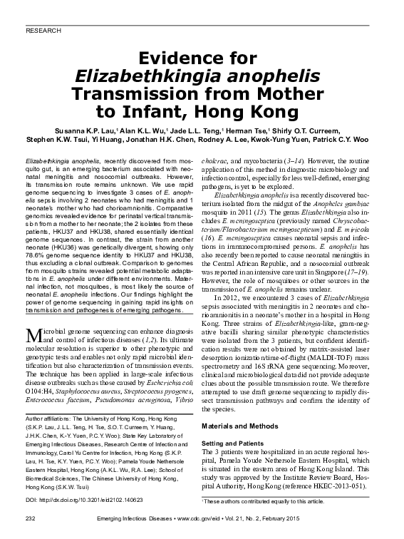 (PDF) Evidence for Elizabethkingia anophelis Transmission from Mother to Infant, Hong Kong