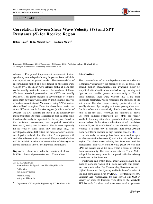 (PDF) Correlation Between Shear Wave Velocity (Vs) and SPT Resistance (N) for Roorkee Region