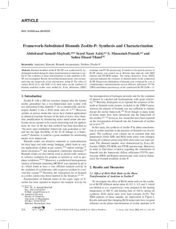 (PDF) Framework-Substituted Bismuth Zeolite-P: Synthesis and ... (PDF) Framework-Substituted Bismuth Zeolite-P: Synthesis and ...