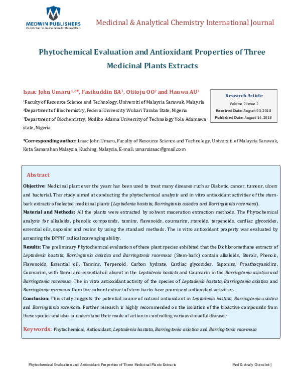 (PDF) Phytochemical Evaluation and Antioxidant Properties of Three Medicinal Plants Extracts