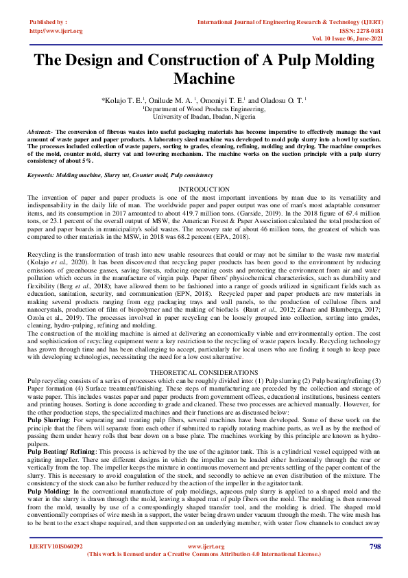 (PDF) IJERT-The Design and Construction of A Pulp Molding Machine (PDF) IJERT-The Design and Construction of A Pulp Molding Machine