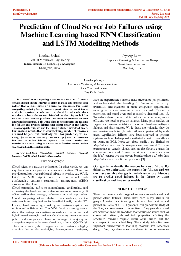 (PDF) IJERT-Prediction of Cloud Server Job Failures using Machine Learning based KNN ...