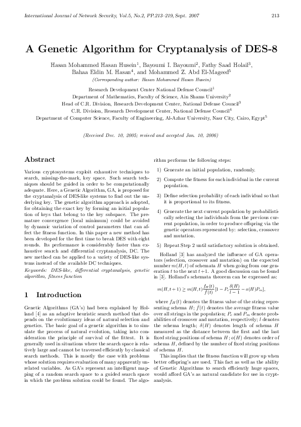 (PDF) A Genetic Algorithm for Cryptanalysis of DES-8