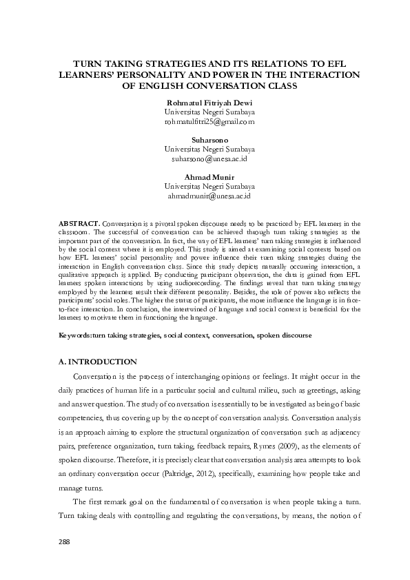 (PDF) Turn Taking Strategies and Its Relations to Efl Learners ...