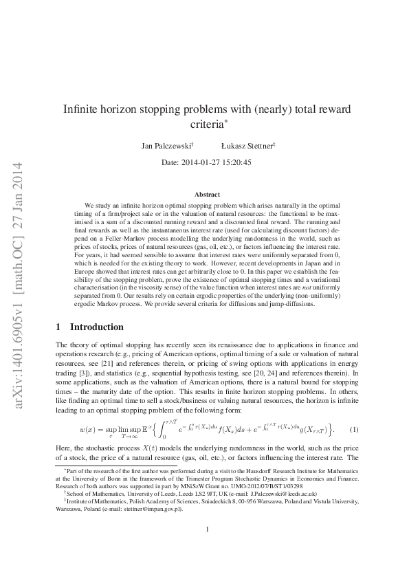(PDF) Infinite horizon stopping problems with (nearly) total reward ...