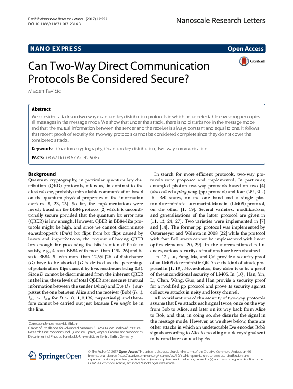 (PDF) Can Two-Way Direct Communication Protocols Be Considered Secure?