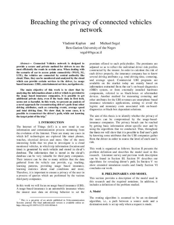 (PDF) Breaching the privacy of connected vehicles network