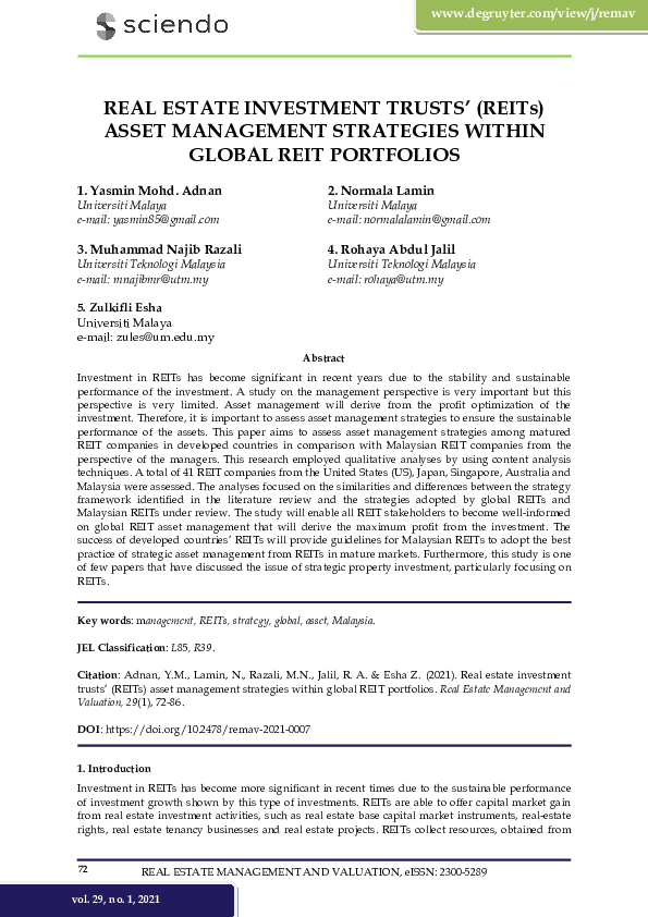 (PDF) Real Estate Investment Trusts’ (REITs) Asset Management ...