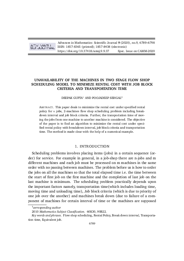 Pdf Unavailability Of The Machines In Two Stage Flow Shop Scheduling Model To Minimize Rental
