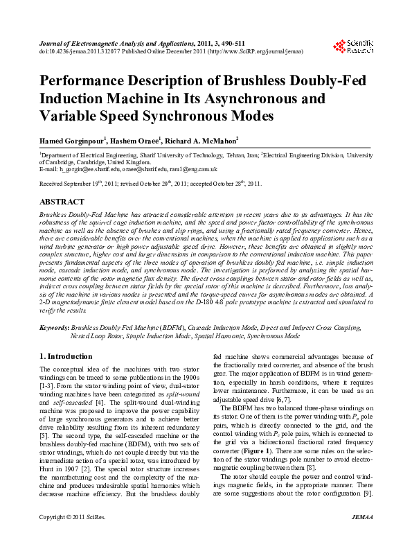 Pdf Performance Description Of Brushless Doubly Fed Induction Machine In Its Asynchronous And