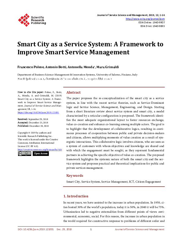 (PDF) Smart City as a Service System: A Framework to Improve Smart ...